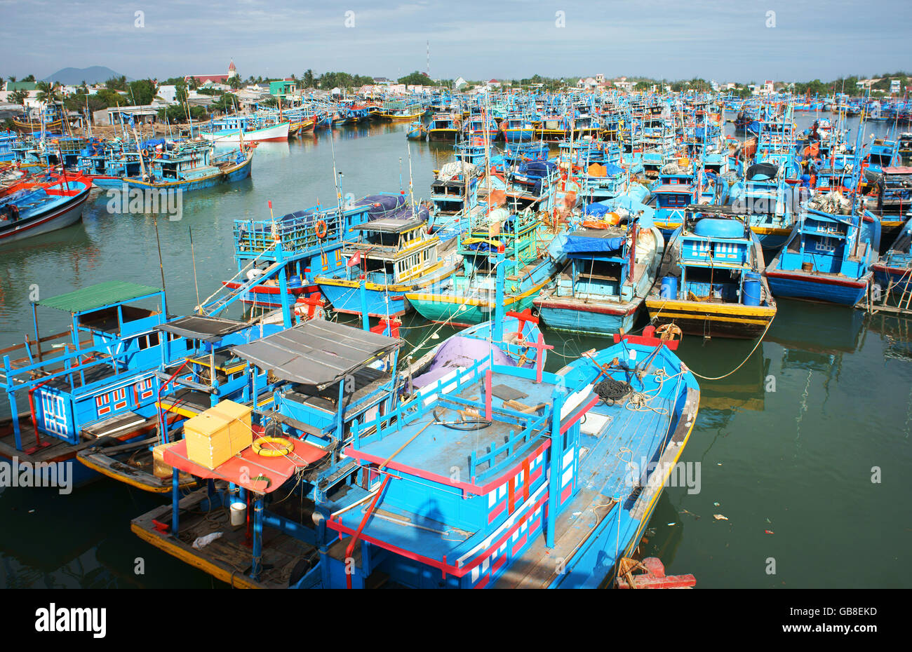 Many multicolor fishing boat anchor like a net at fishing port, with ...