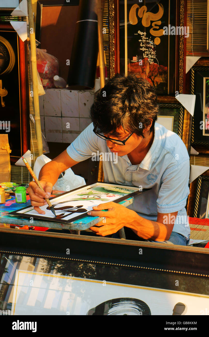 People writing calligraphy at fair, this is traditional culture of ...