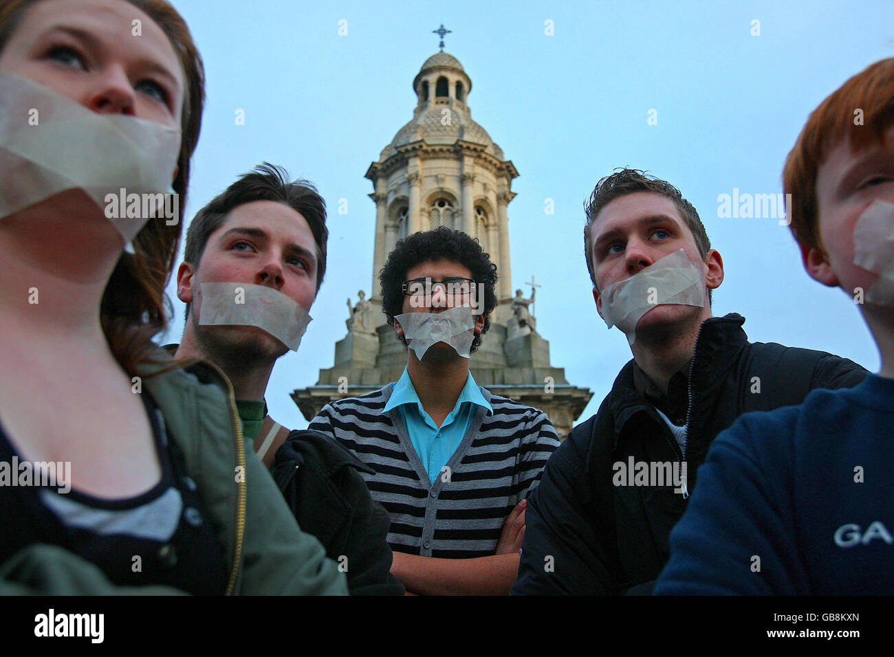 Students protest in Trinity College, Dublin, during the visit of ...