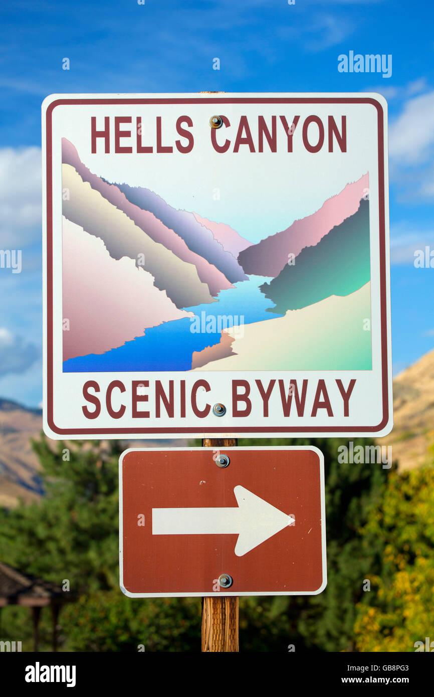 Byway sign, Hells Canyon National Recreation Area, Hells Canyon National Scenic Byway, Oregon ...
