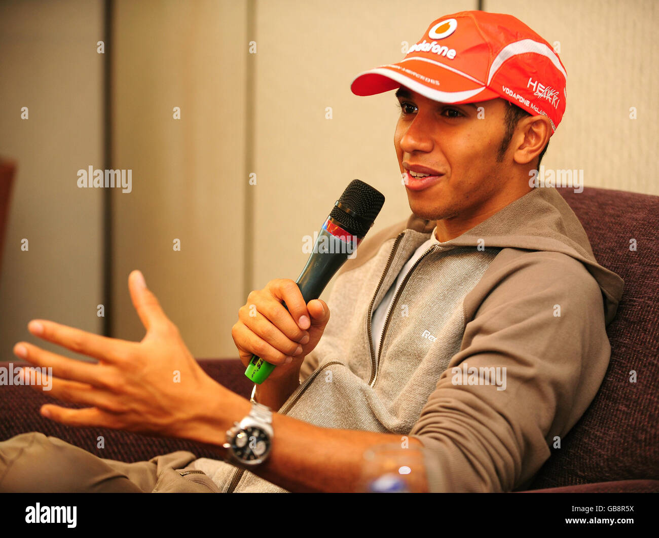 Formula one world champion lewis hamilton speaks during hi-res stock ...