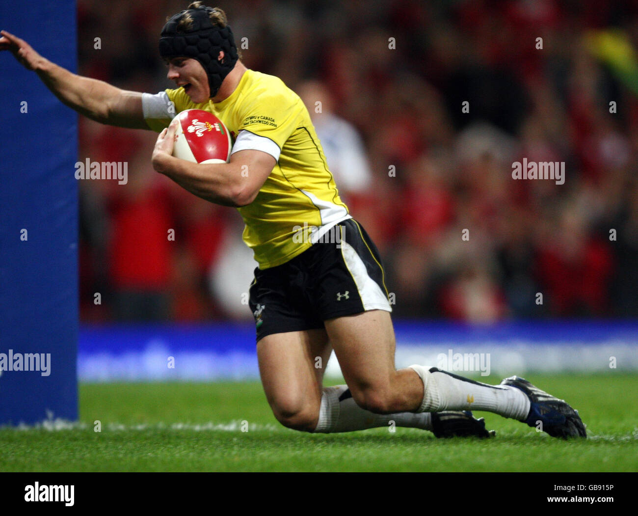 Wales' Leigh Halfpenny celebrates as he scores their final try during ...