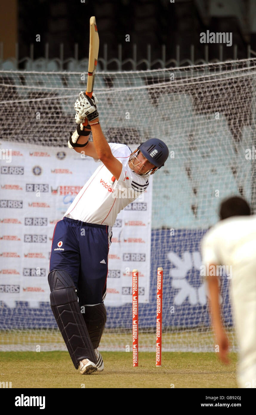 England's Stuart Broad bats in the nets during a practice session at ...