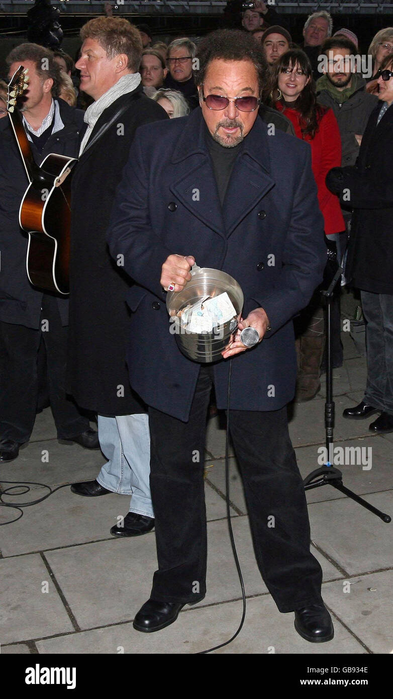 Singer Tom Jones is seen busking on the South Bank for part of BBC2's ...