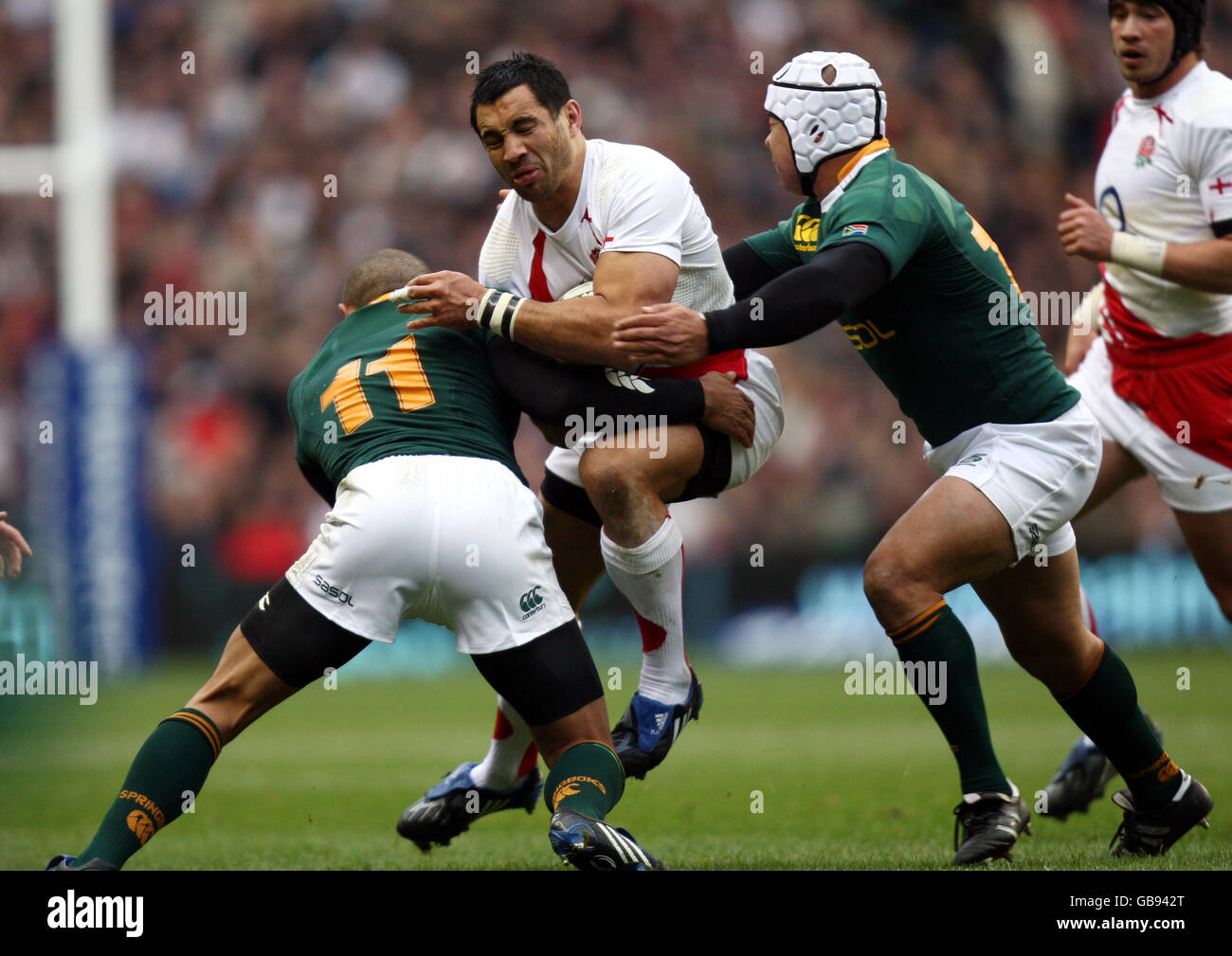 England's Ricky Flutey is tackled by South Africa's Bryan Habana during ...