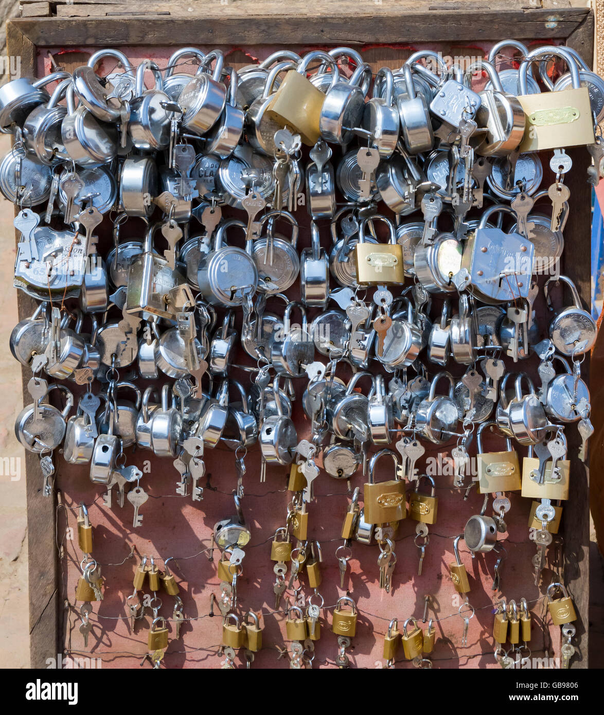 Different types of padlocks with keys on sale in the street of Nepal ...