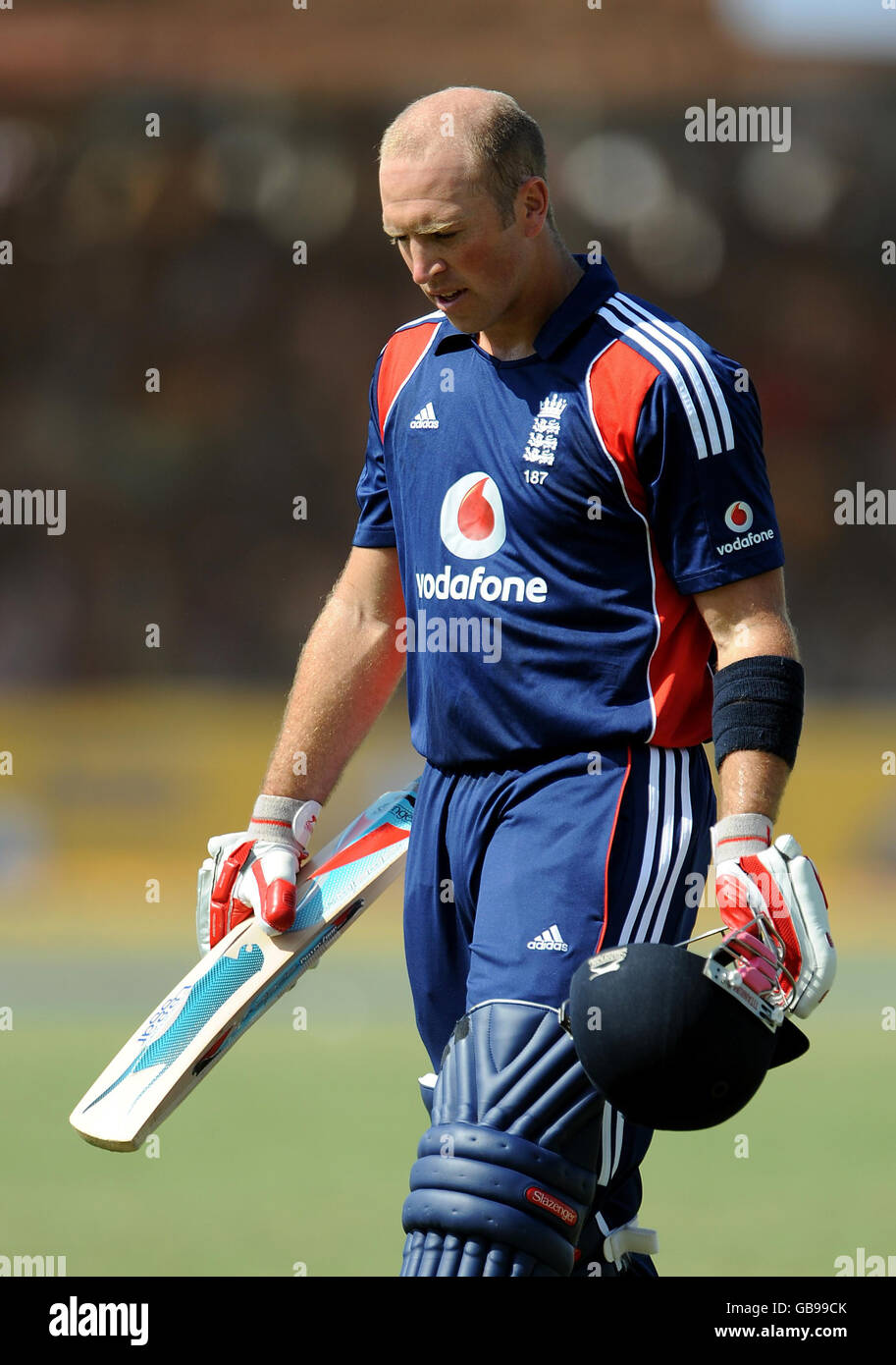 England's Matt Prior leaves the field after being caught behind by ...