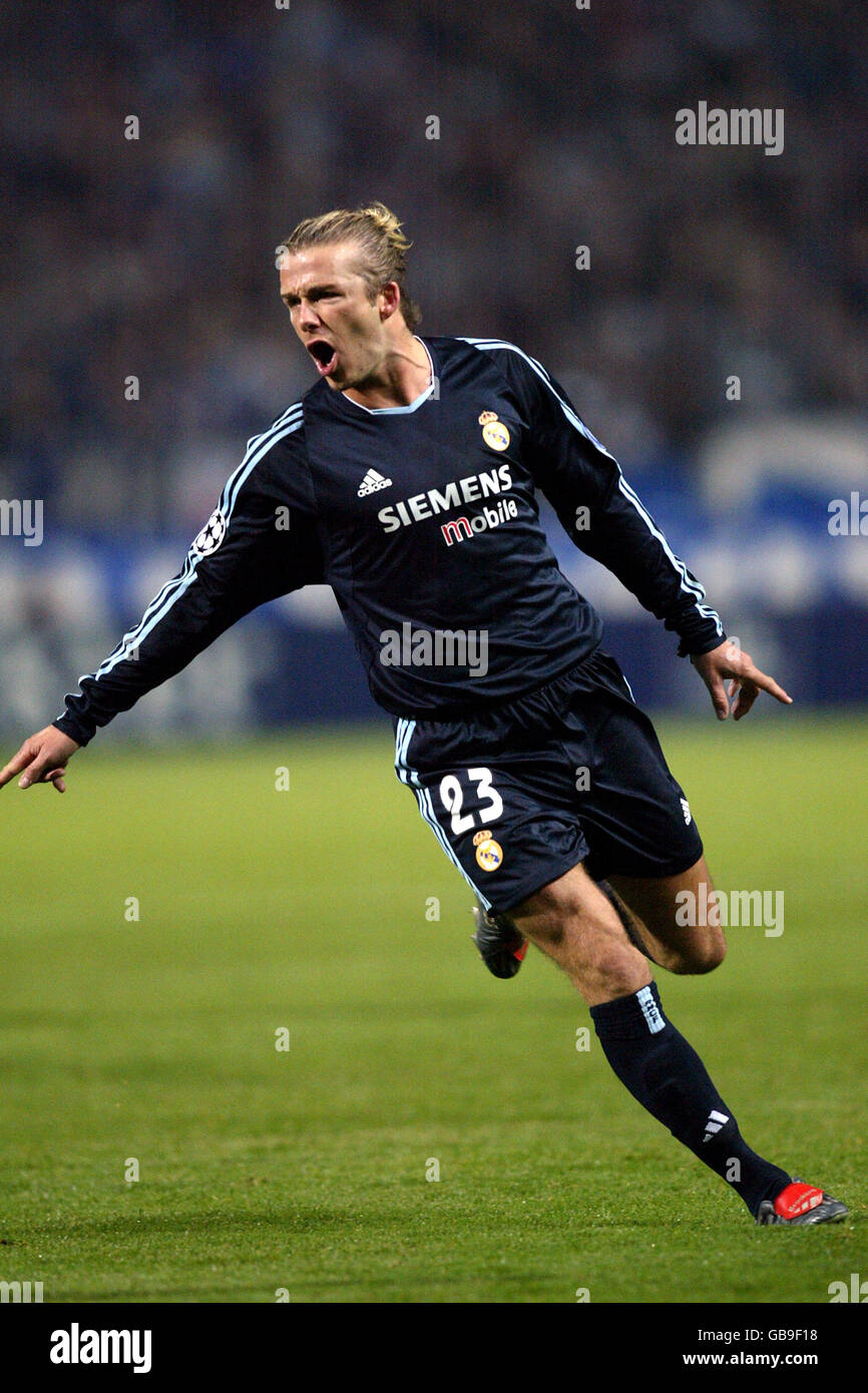 Real Madrid's David Beckham celebrates scoring the opening goal against ...
