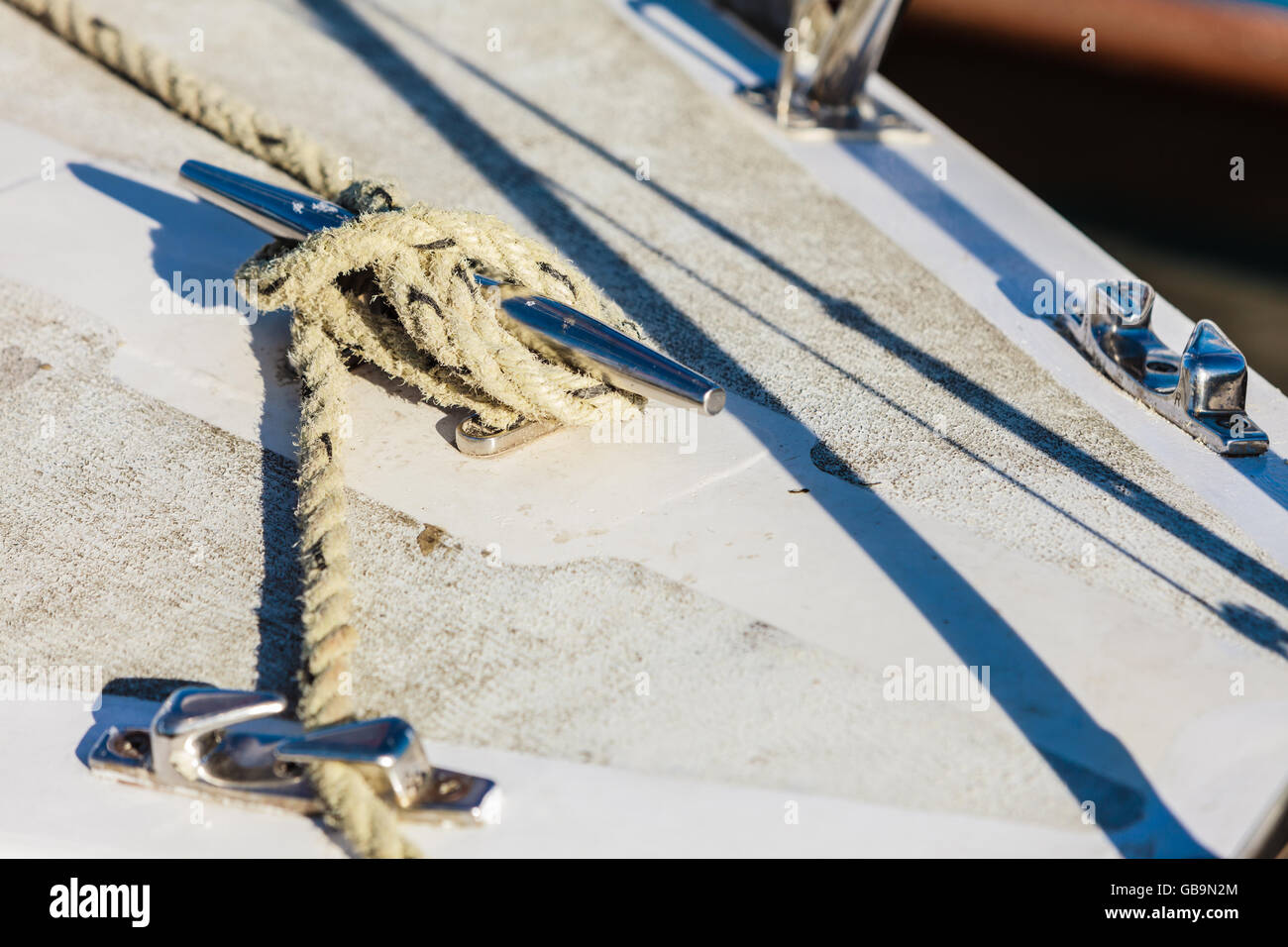 Yachting. Sailboat view of different parts of yacht, block with rope ...