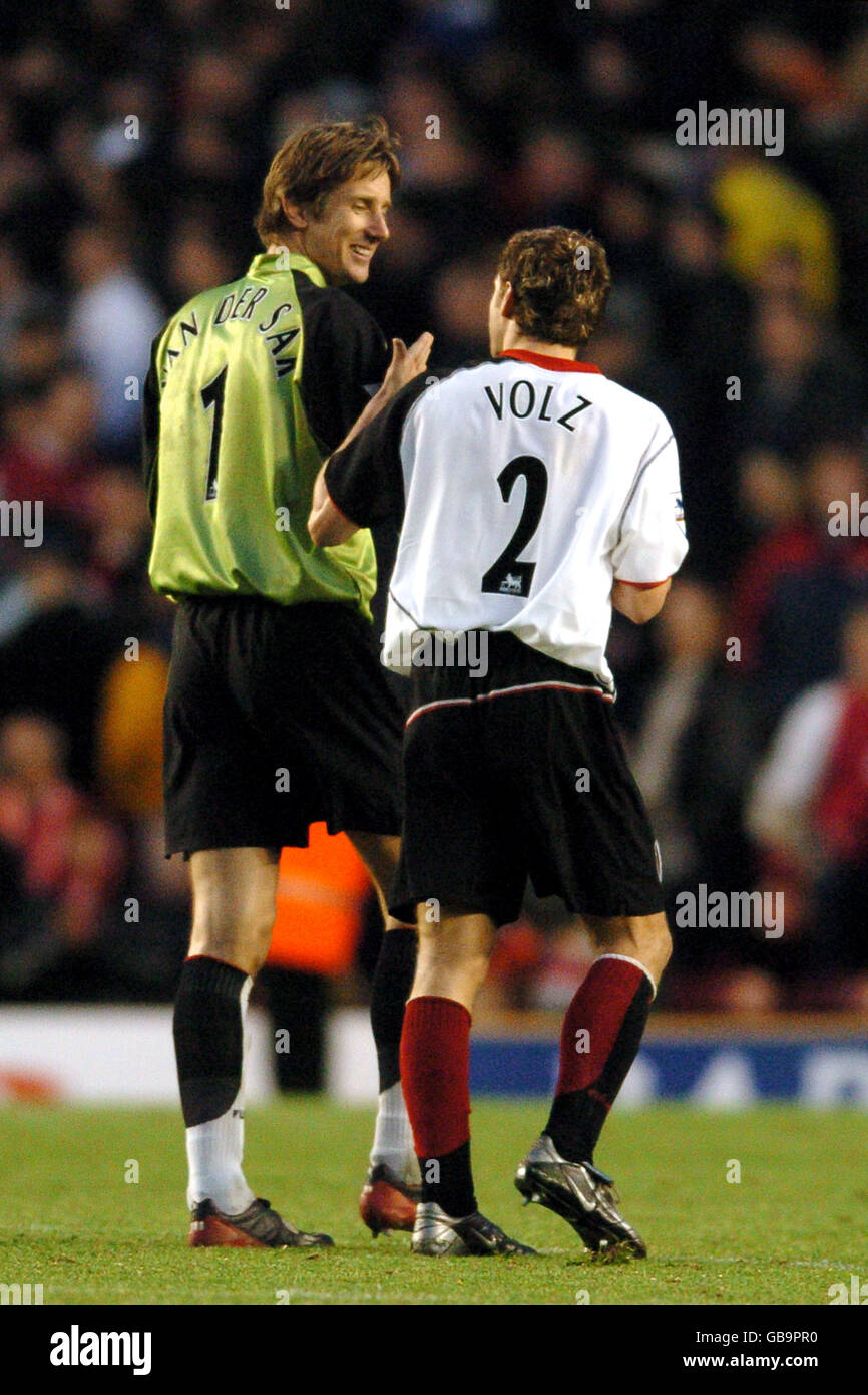 Fulham's goalkeeper Edwin Van Der Sar and Moritz Volz at the end of the ...