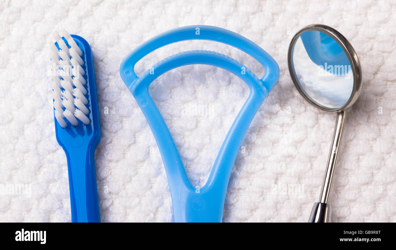 Oral hygiene health concept. Closeup dental tools blue toothbrush ...