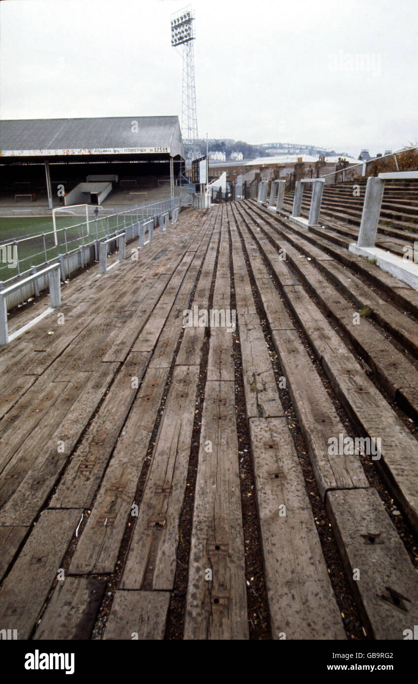 A terrace comprised of railway sleepers at the Vetch Field, home of ...