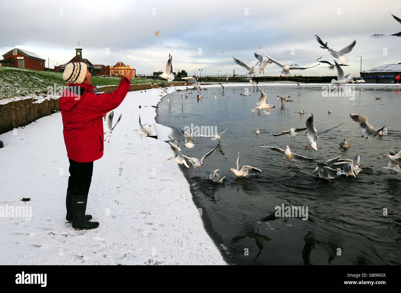 A walker feeds birds near the boating lake in a snow covered Tynemouth ...
