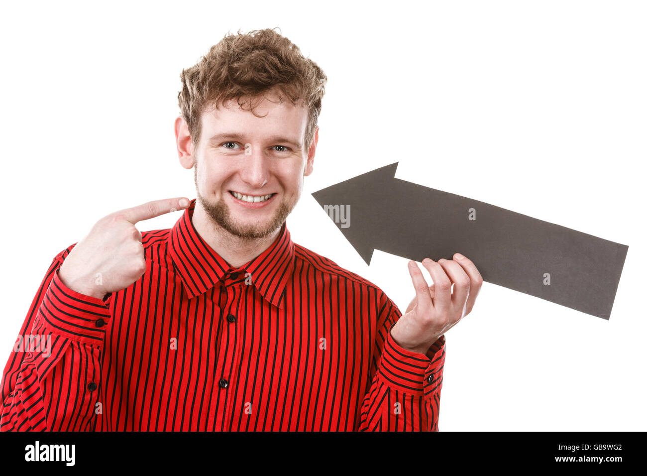 Healthy and perfect smile. Man showing his smiling mouth by black arrow ...