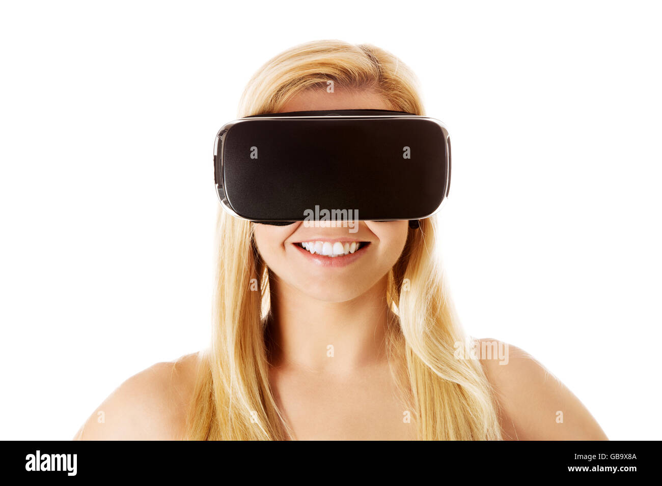 Girl wearing virtual reality goggles isolated on white Stock Photo - Alamy