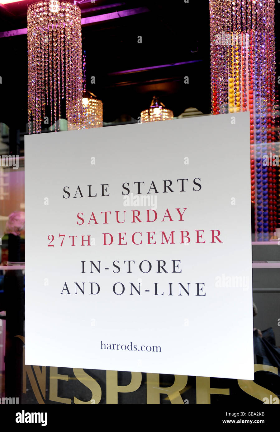 A sign on Harrods shop window on the launch day of the Winter Sale at ...