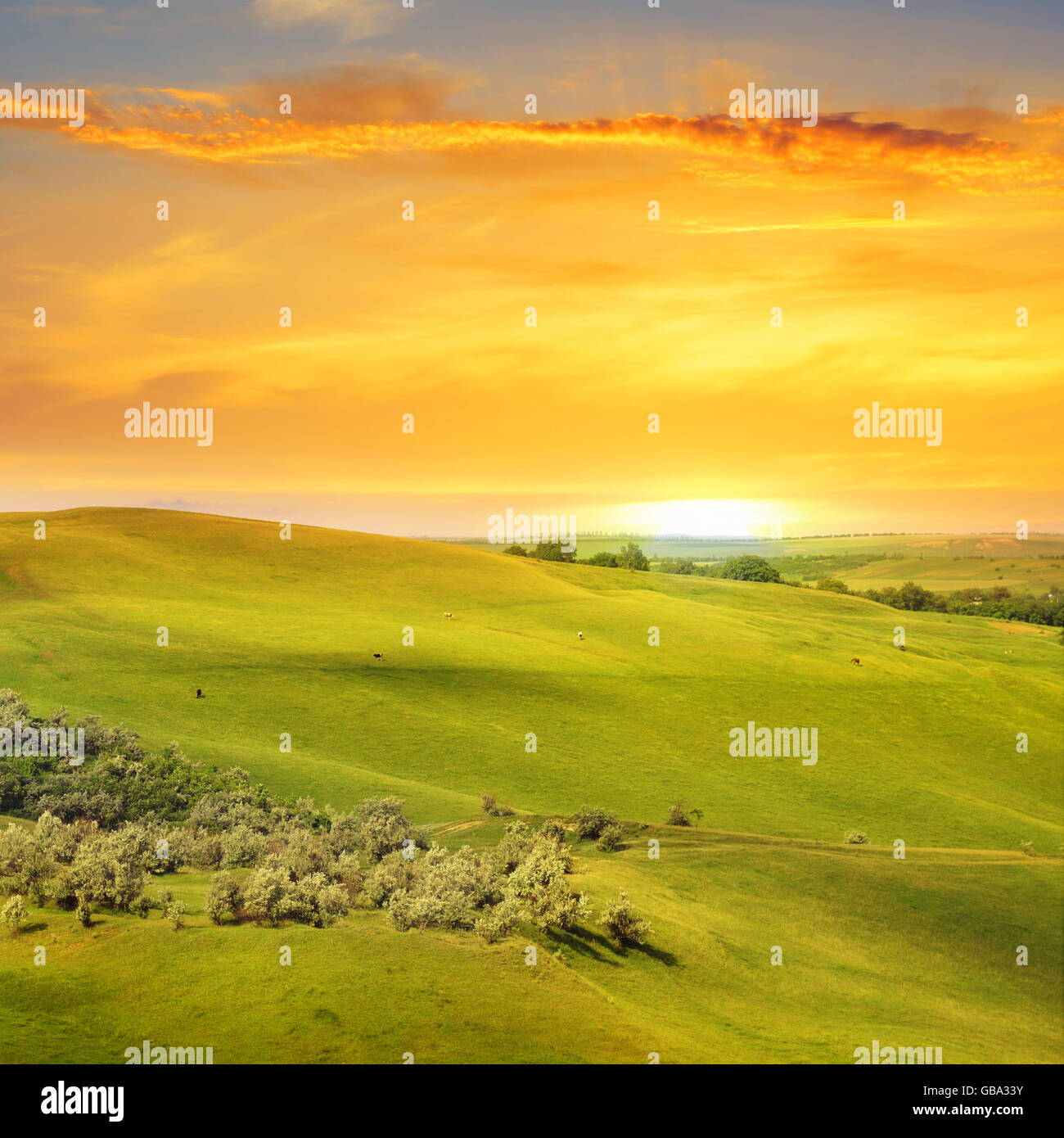 scenic fields, hills and sunrise Stock Photo - Alamy