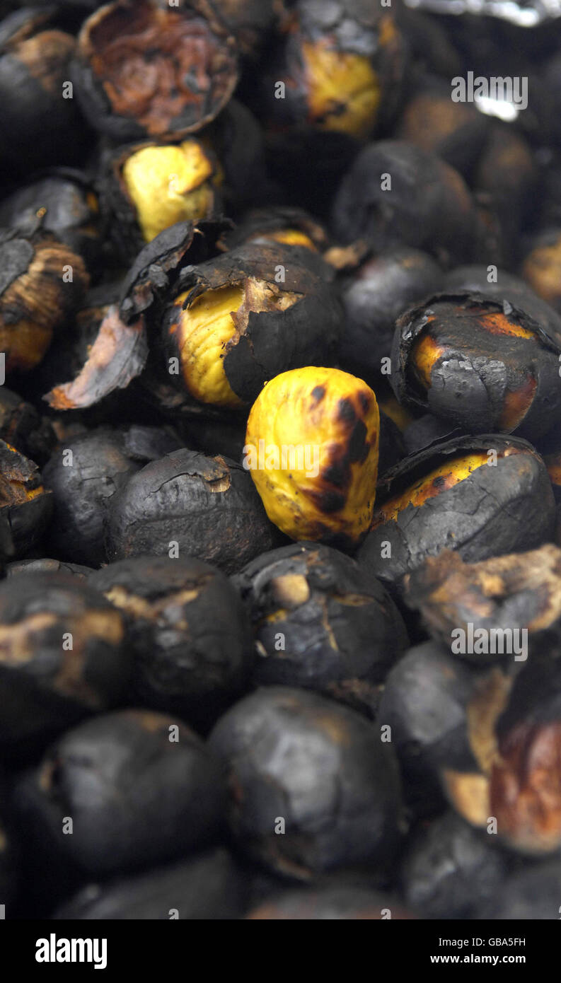 Chestnuts being roasted by a vendor on Oxford Street in London Stock ...