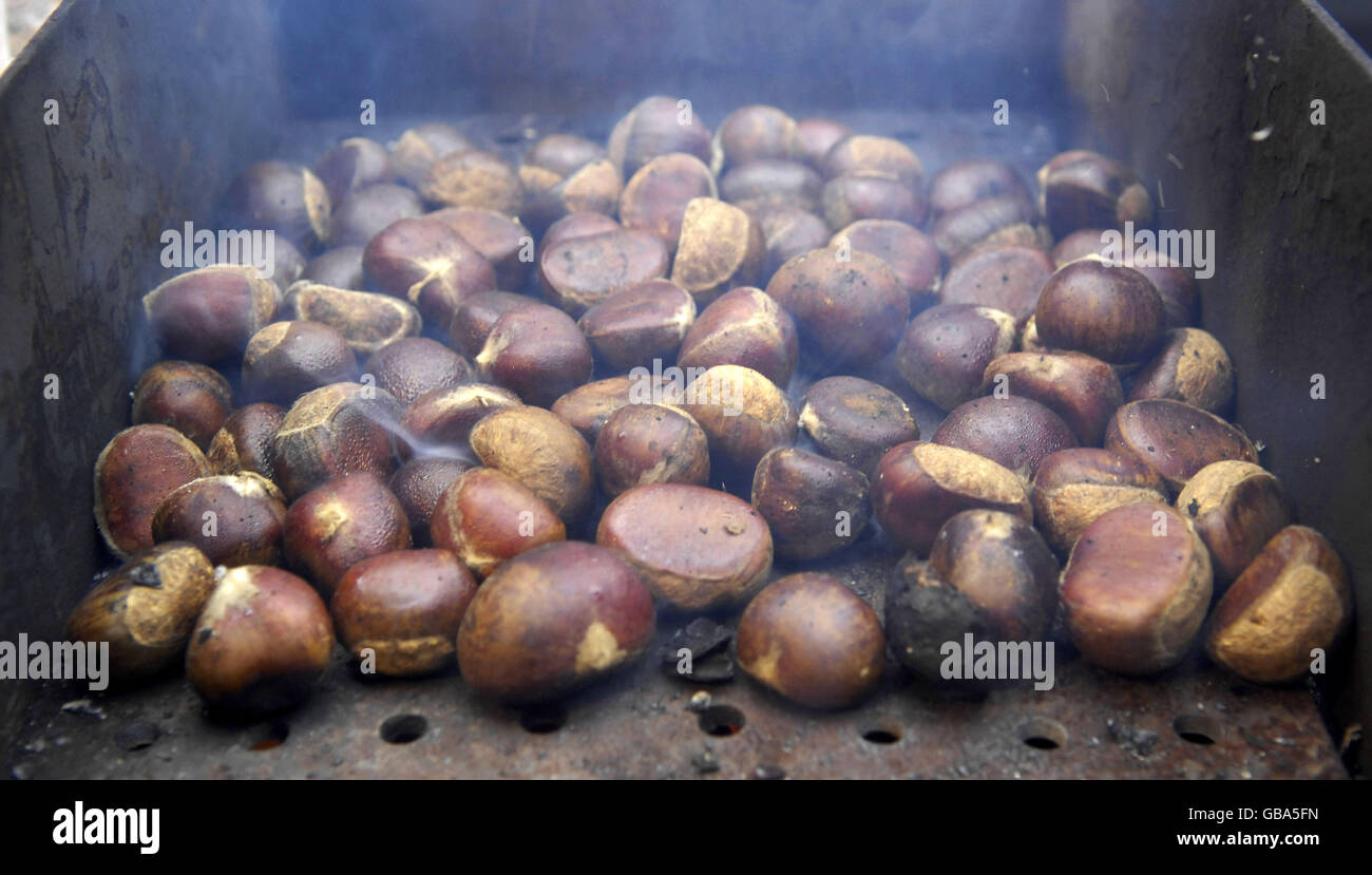 Chestnuts being roasted by a vendor on Oxford Street in London Stock ...