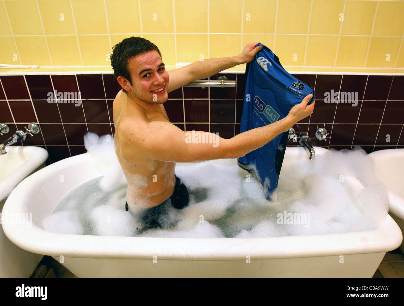 Glasgow Warriors' Ruaridh Jackson poses in a bath at Arlington Baths ...