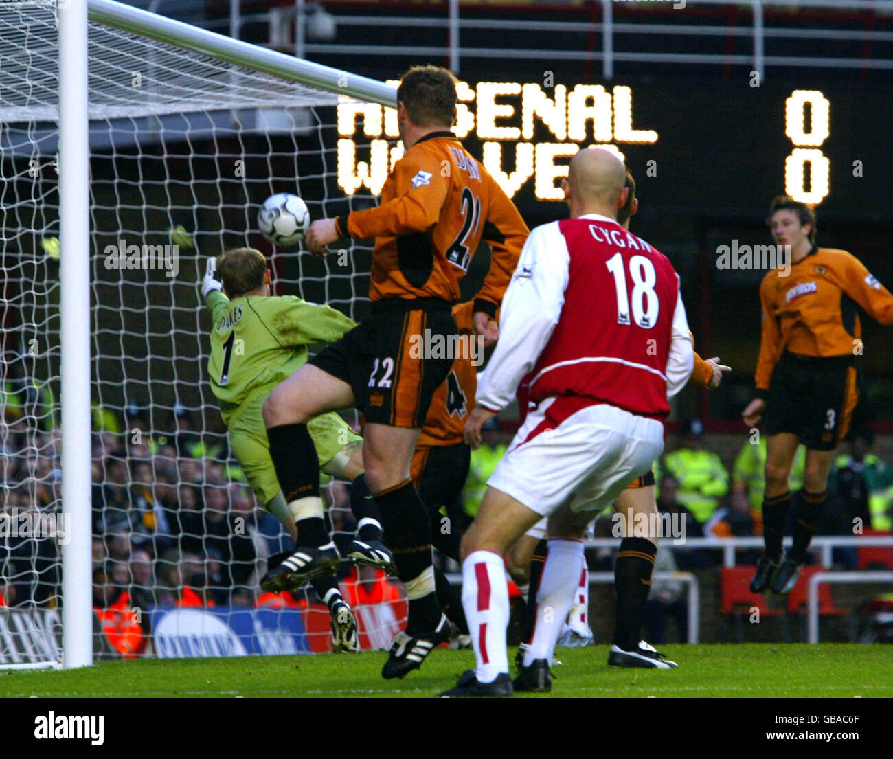 Wolverhampton Wanderers' goalkeeper Michael Oakes dives in vain as he ...