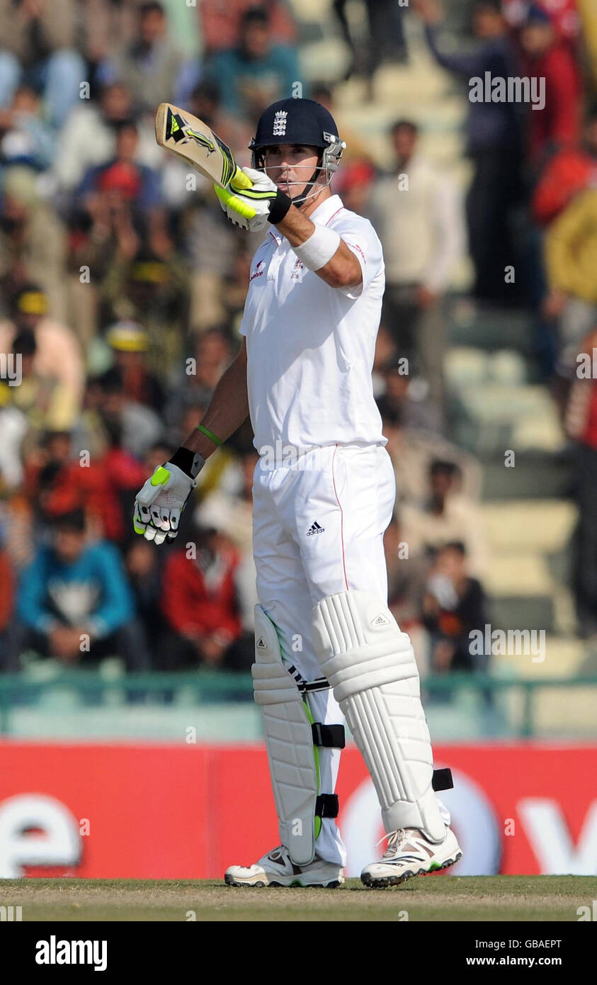 England's Kevin Pietersen celebrates after scoring a half century ...