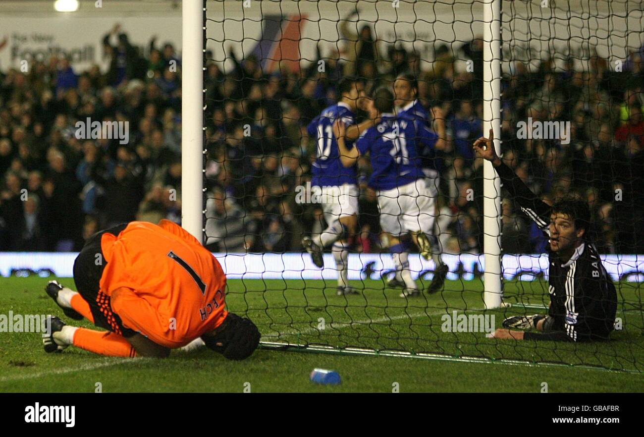 Chelsea goalkeeper Petr Cech falls to the floor injured as Everton's ...