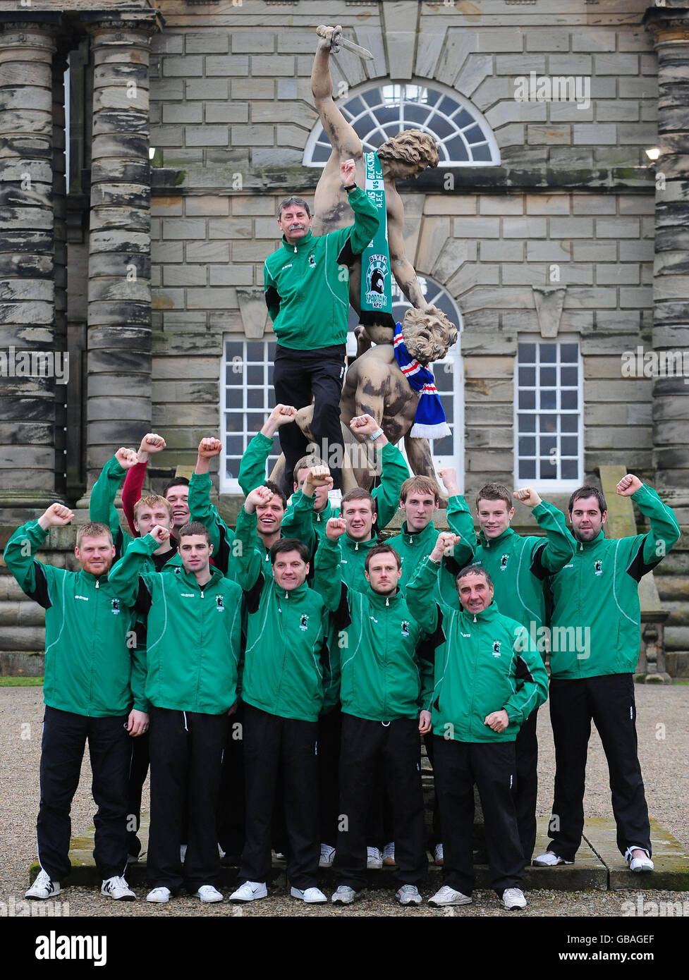 Blyth Spartans manager Harry Dunn (top) poses with the David and ...