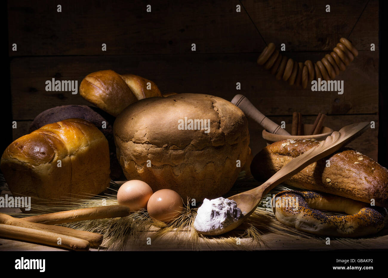 still life of bread, bakery and ears of wheat Stock Photo - Alamy