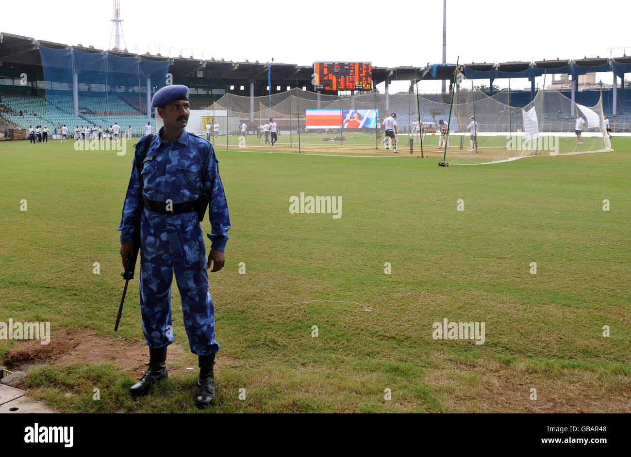 Indian security forces patrol the M. A. Chidambaram Stadium in Chennai ...