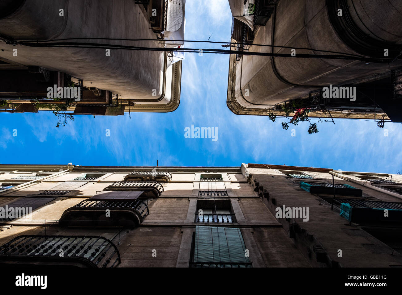 Peculiar view of palaces in Barcelona, Spain, from the bottom Stock ...