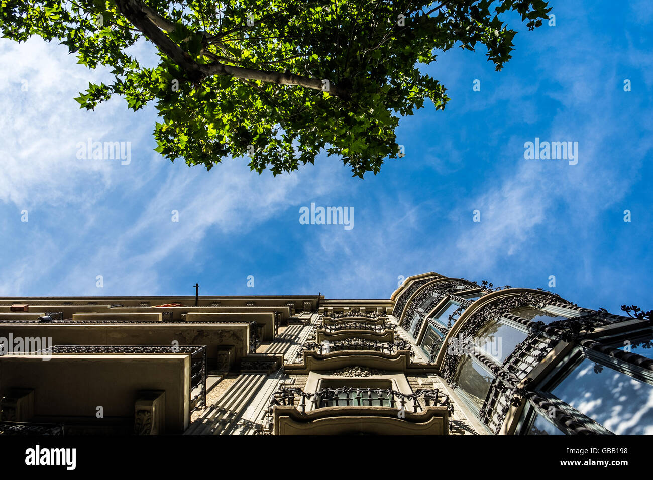 Peculiar view of palaces in Barcelona, Spain, from the bottom Stock ...