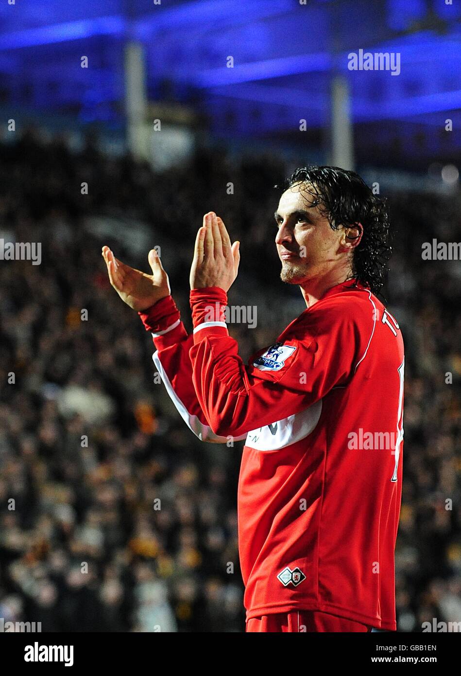 Middlesbrough's Tuncay Sanli celebrates in front of the away fans after ...