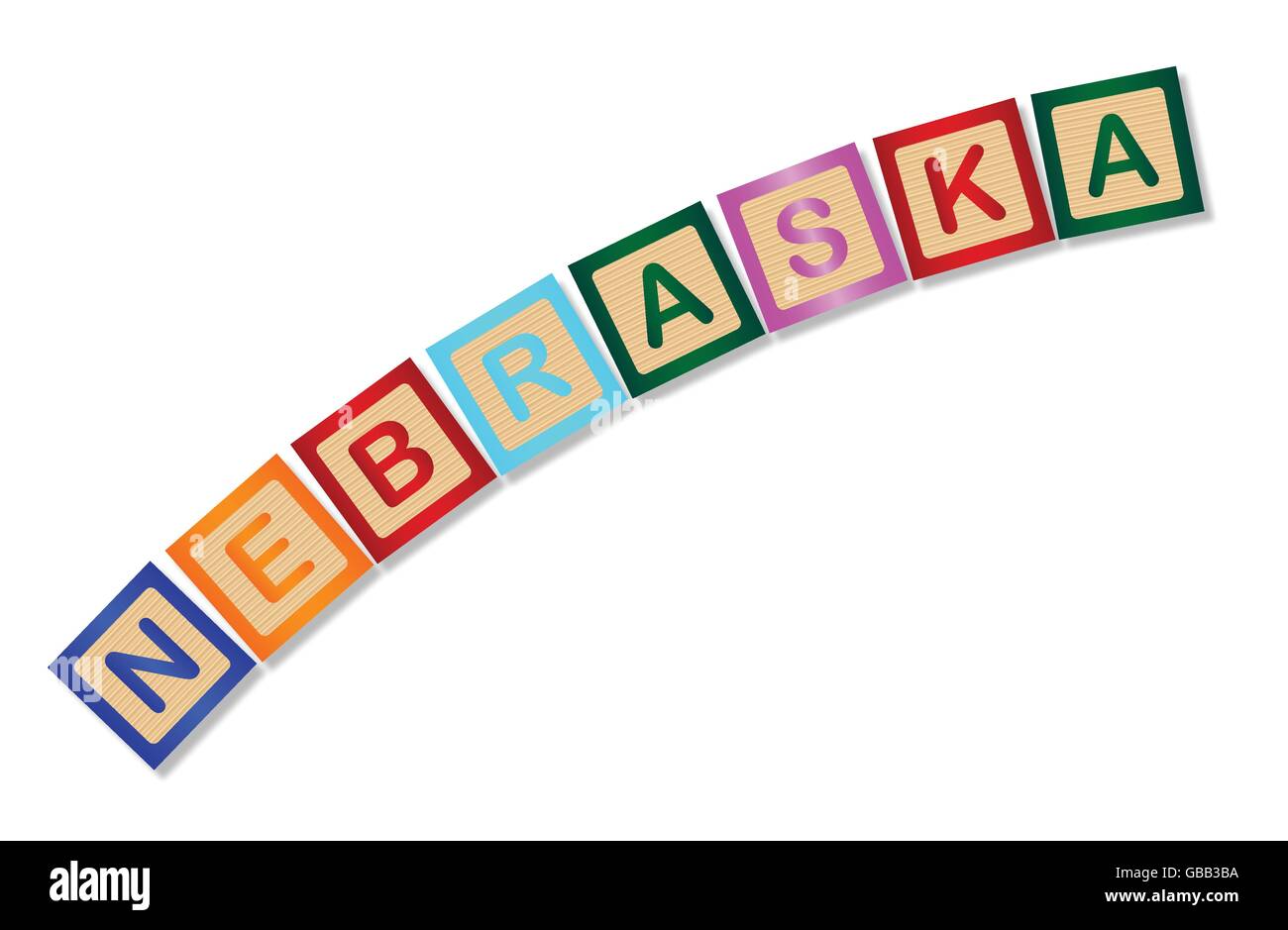 A collection of wooden block letters spelling Nebraska over a white ...