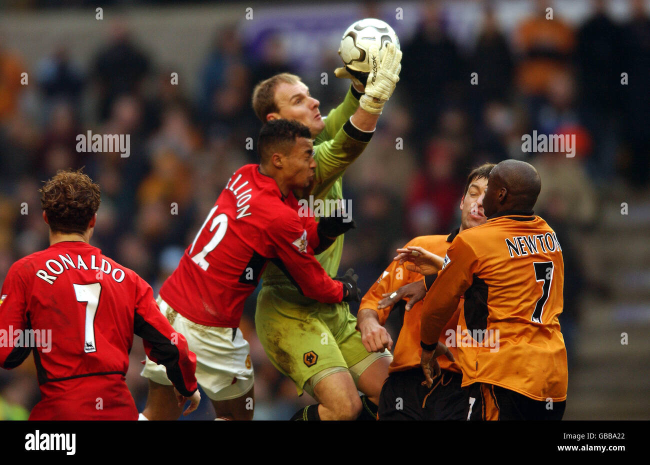 Wolverhampton Wanderers' goalkeeper Michael Oakes collects the ball ...
