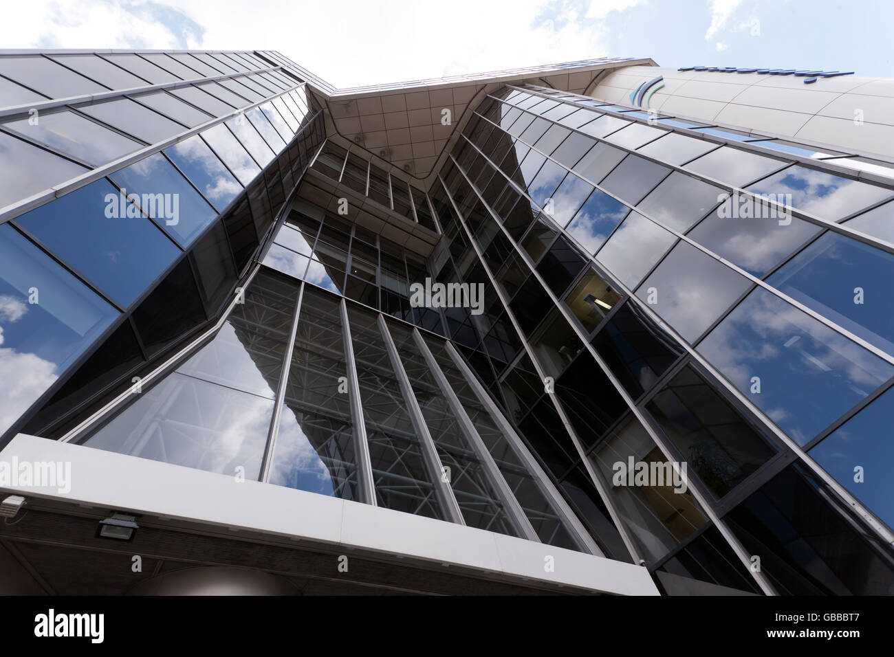 Wide-angle image looking up at the Inmarsat Conference Centre Building ...