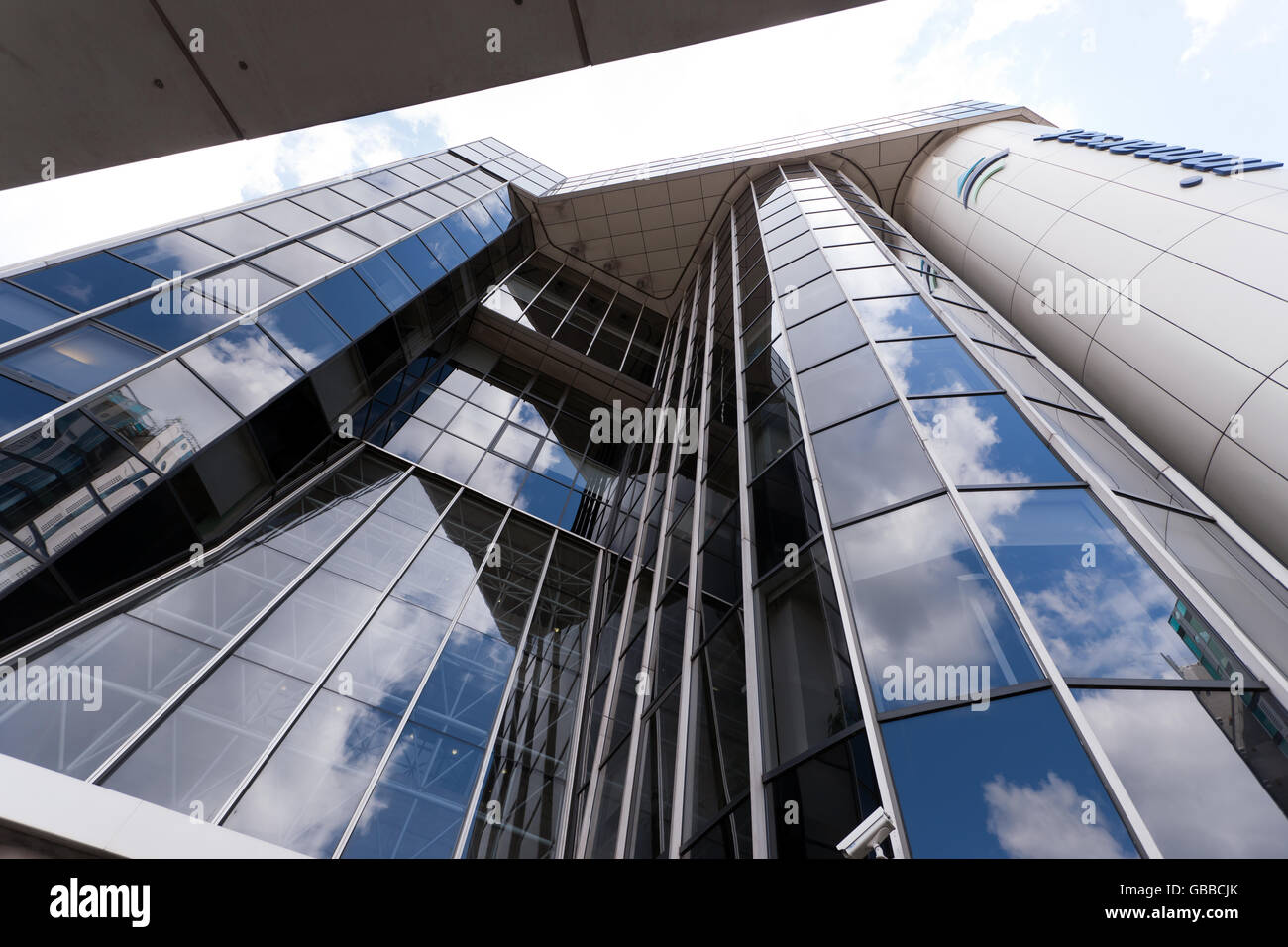 Wide-angle image looking up at the Inmarsat Conference Centre Building ...