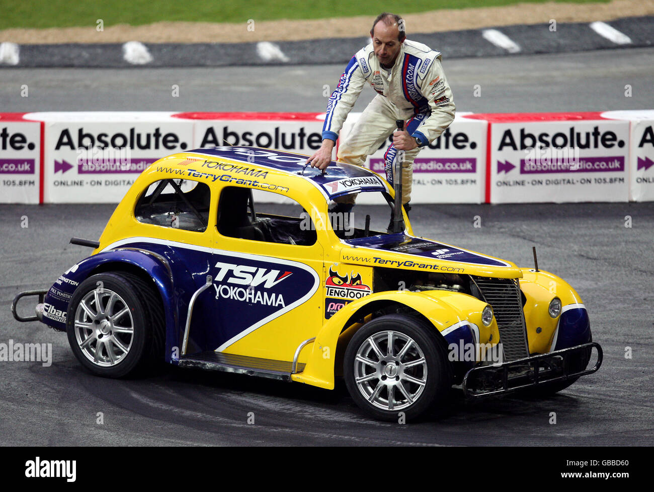 Stuntman Terry Grant performs during the Race of Champions at Wembley ...
