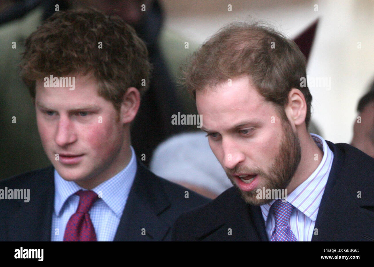 Prince Harry (left) and Prince William leave a Christmas Day church ...