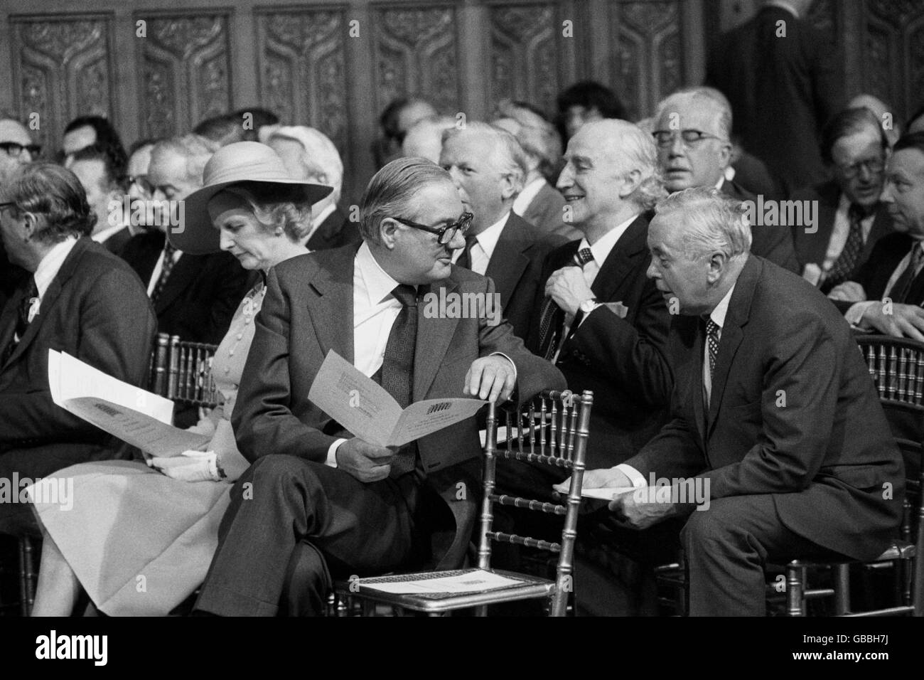 Conservative Party leader Margaret Thatcher sits at left while Prime ...