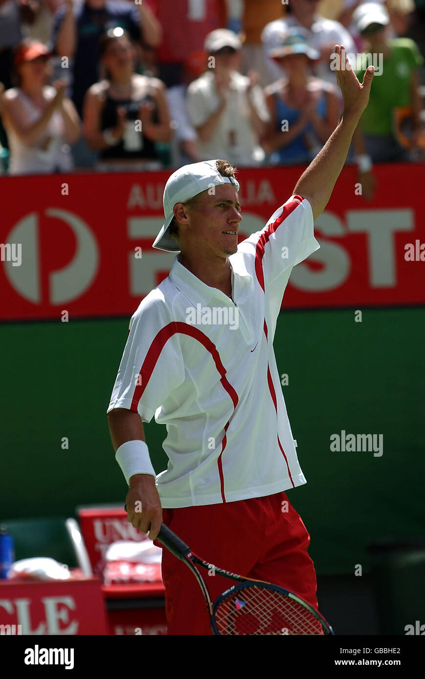 Lleyton Hewitt of Australia celebrates progressing to the second round ...