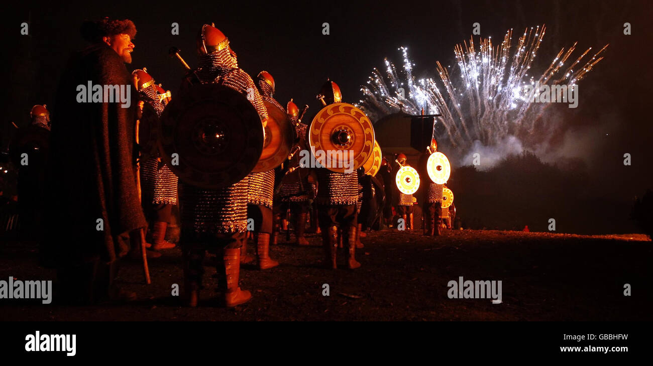 Vikings on Carlton Hill watch fireworks during the torchlight parade as ...