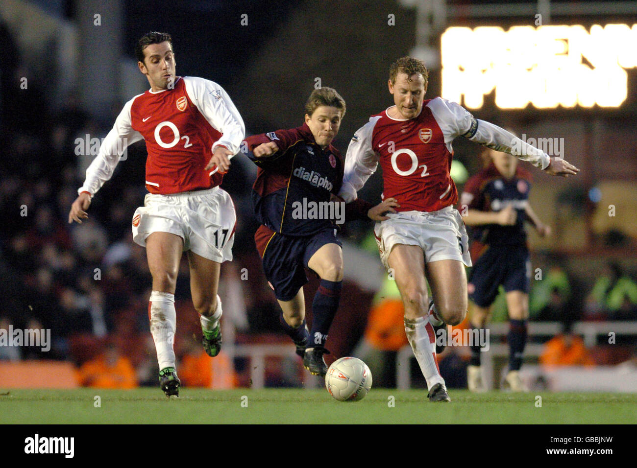 Arsenal's Edu and Ray Parlour sandwich Middlesbrough's Juninho Stock ...