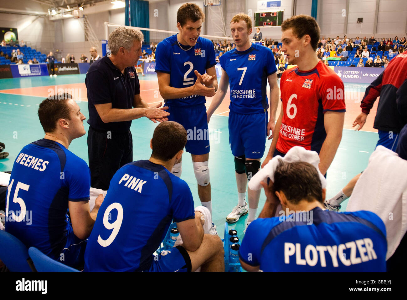 Great Britain captain Ben Pipes (number 2) talks to his team during a ...