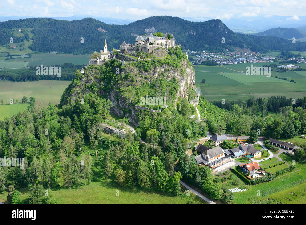 AERIAL VIEW. Medieval castle built on an impregnable lofty rock ...