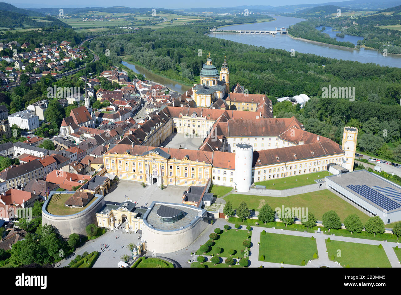 AERIAL VIEW. Melk Abbey overlooking the Danube River. Melk, Lower ...