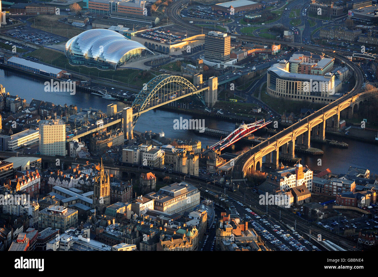 Aerial view of Newcastle city centre showing the Tyne Bridge and the ...