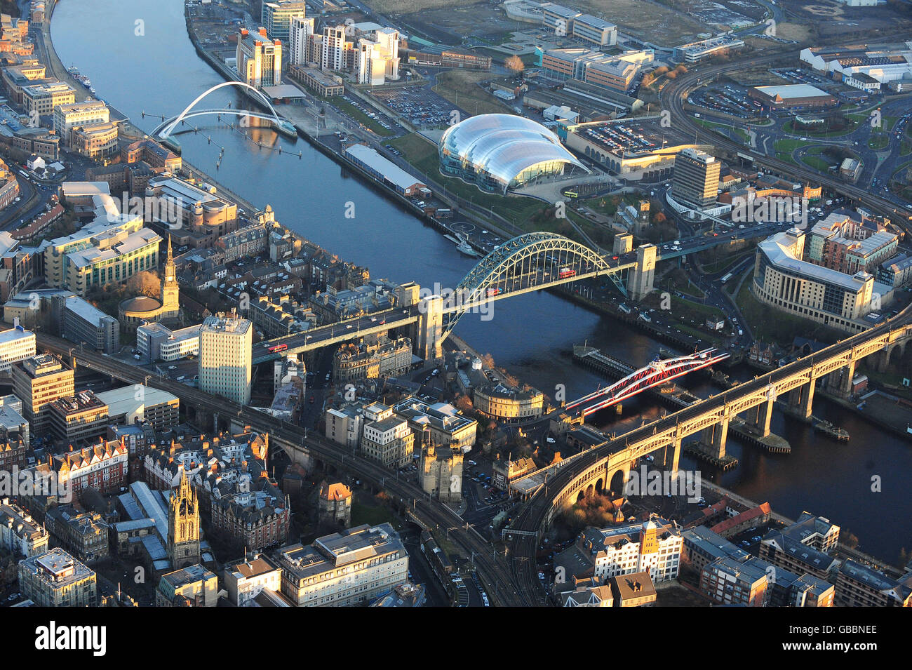 Aerial view of Newcastle city centre showing the Tyne Bridge, the ...