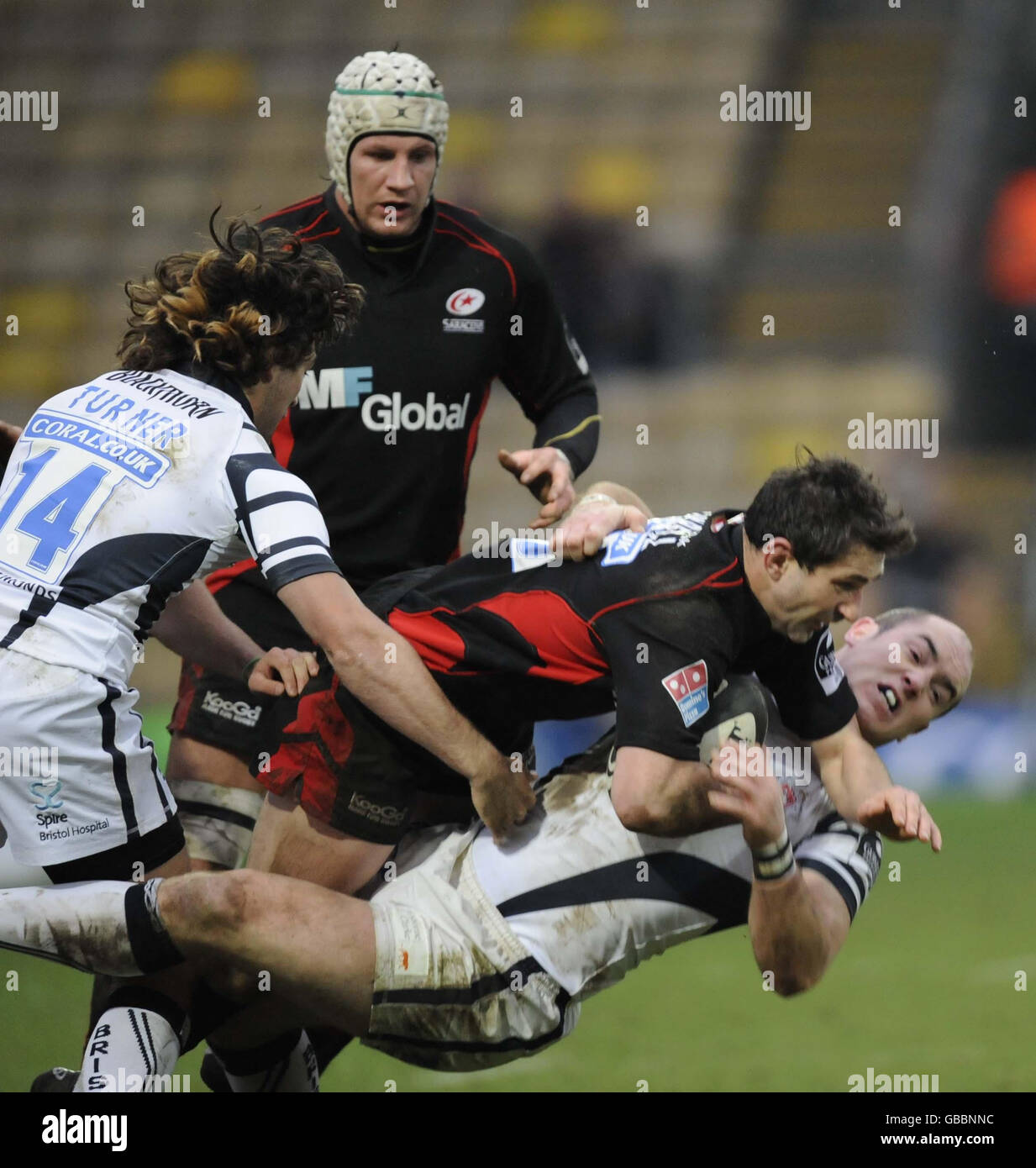 Saracens' Kevin Sorrell is tackled by Bristol's Shaun Perry during the ...