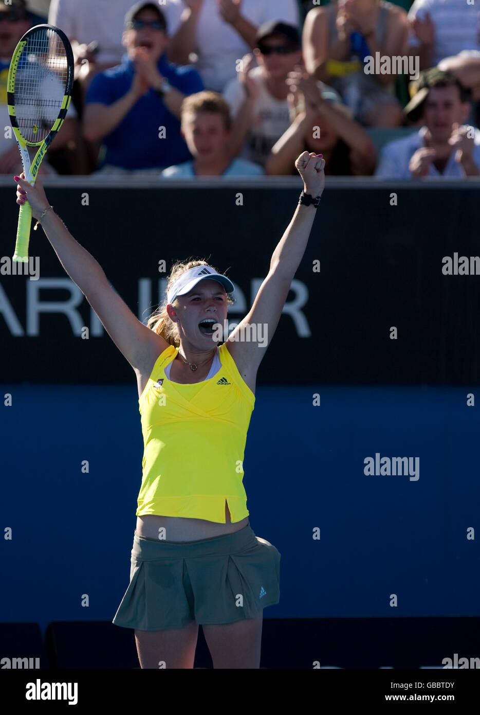 Denmark's Caroline Wozniacki celebrates match point during her victory ...